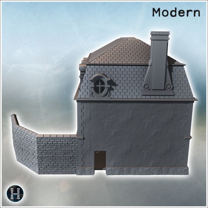 3D Printable Stone building with a slanted roof, three chimneys, and a ...