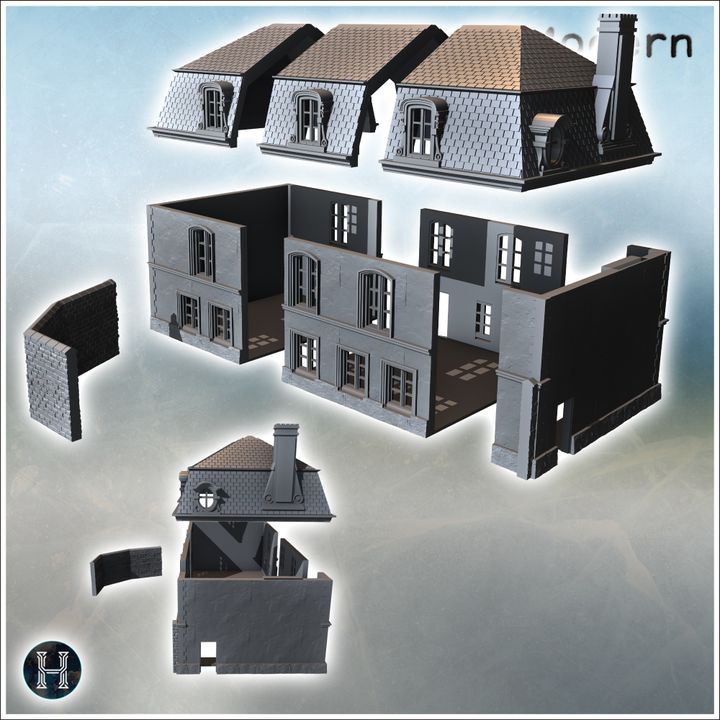 3D Printable Stone building with a slanted roof, three chimneys, and a ...