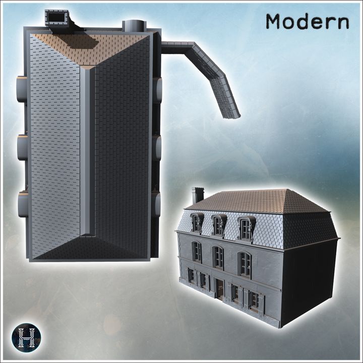 3D Printable Stone building with a slanted roof, three chimneys, and a ...