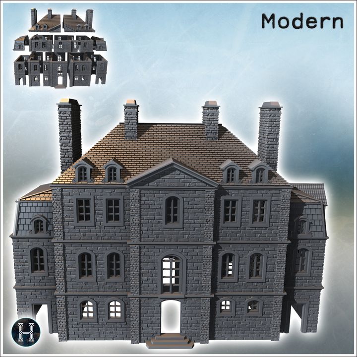 3D Printable Large manor house with multiple chimneys, stone facade ...