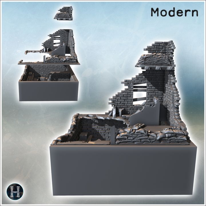 3D Printable Damaged brick building with sandbag fortifications and a ...