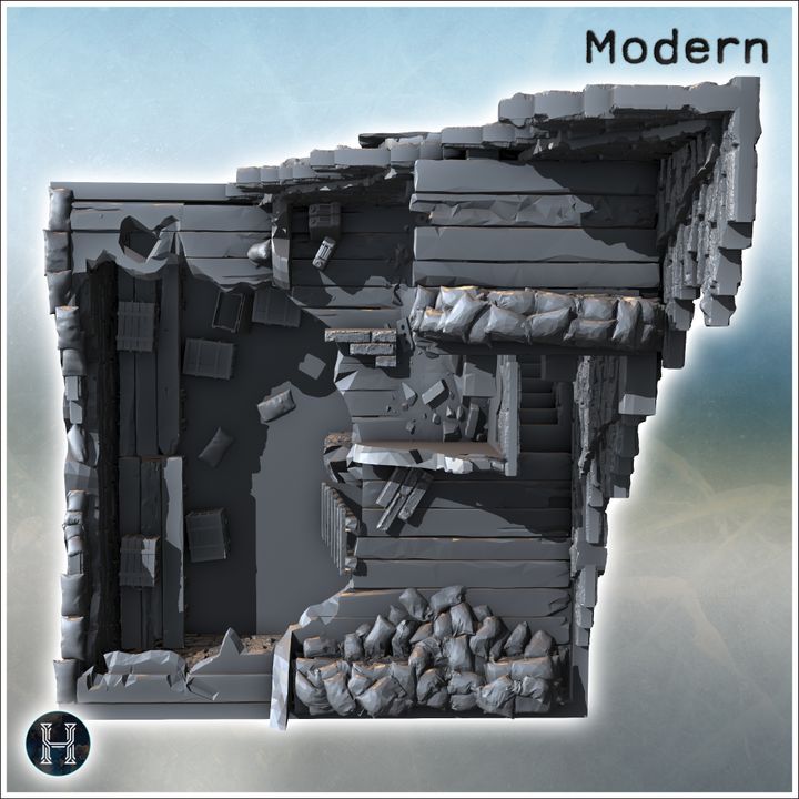 3D Printable Damaged brick building with sandbag fortifications and a ...