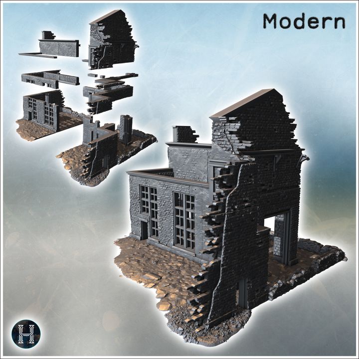 3D Printable Industrial ruin with exposed piping, steel framework, and ...
