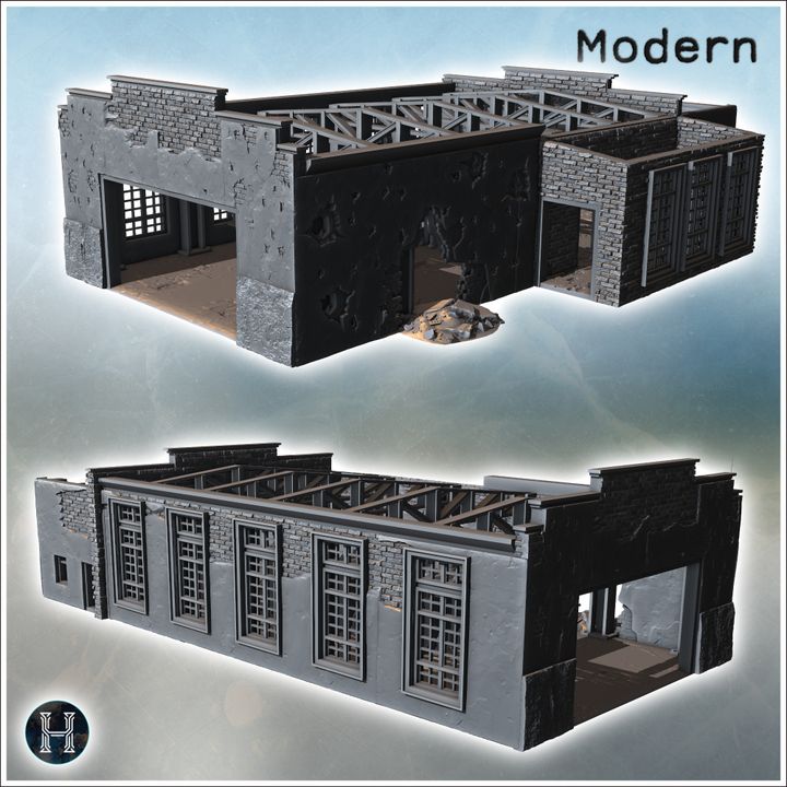 3D Printable Partially destroyed building with large windows and ...