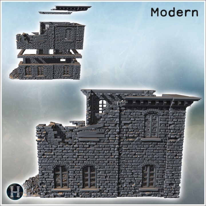 3D Printable Brick building with missing sections, collapsed floors ...