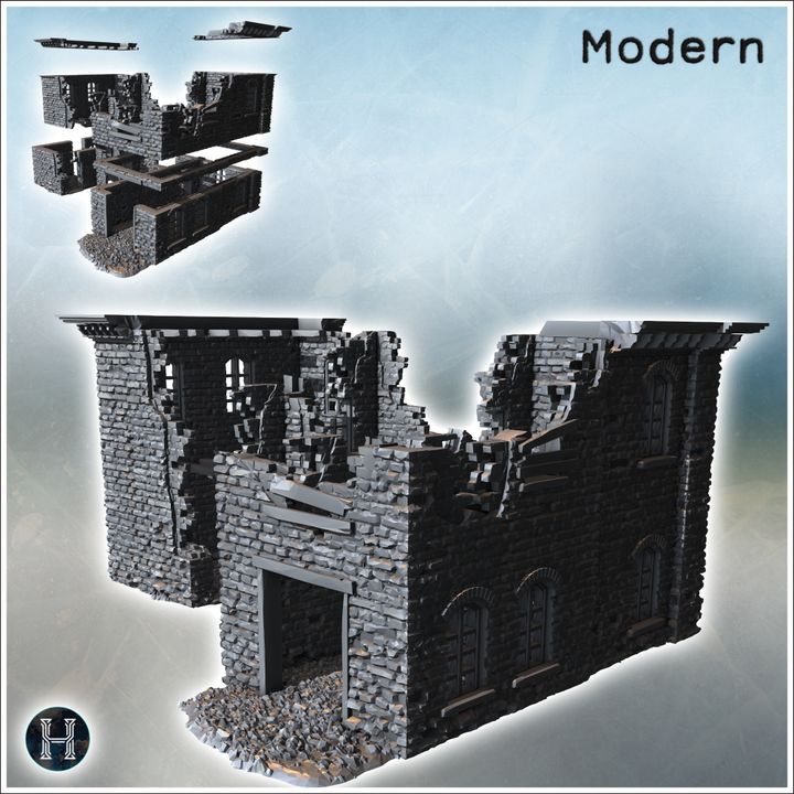 3D Printable Brick building with missing sections, collapsed floors ...
