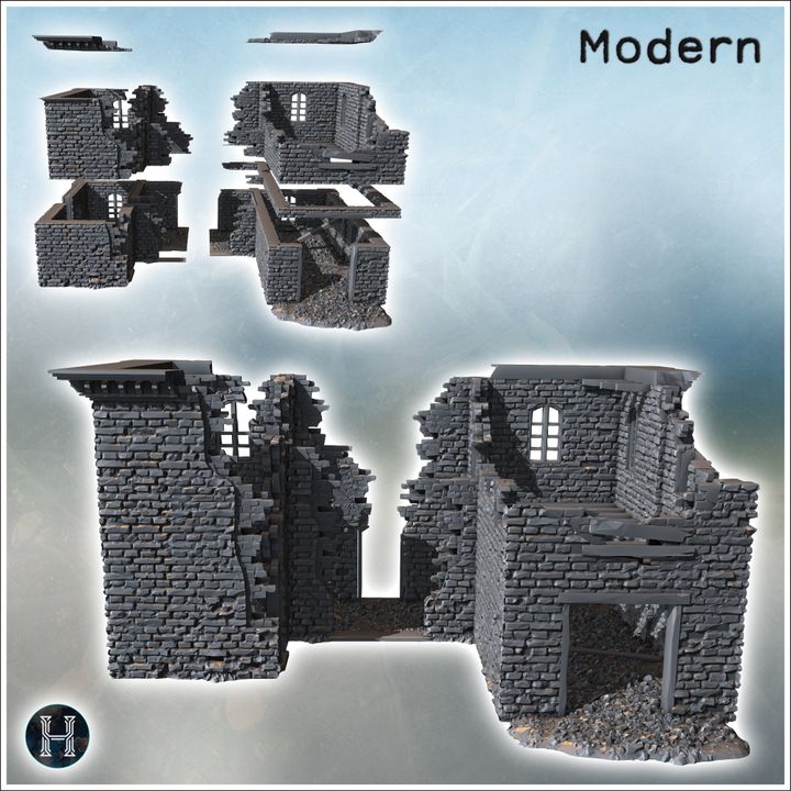 3D Printable Brick building with missing sections, collapsed floors ...