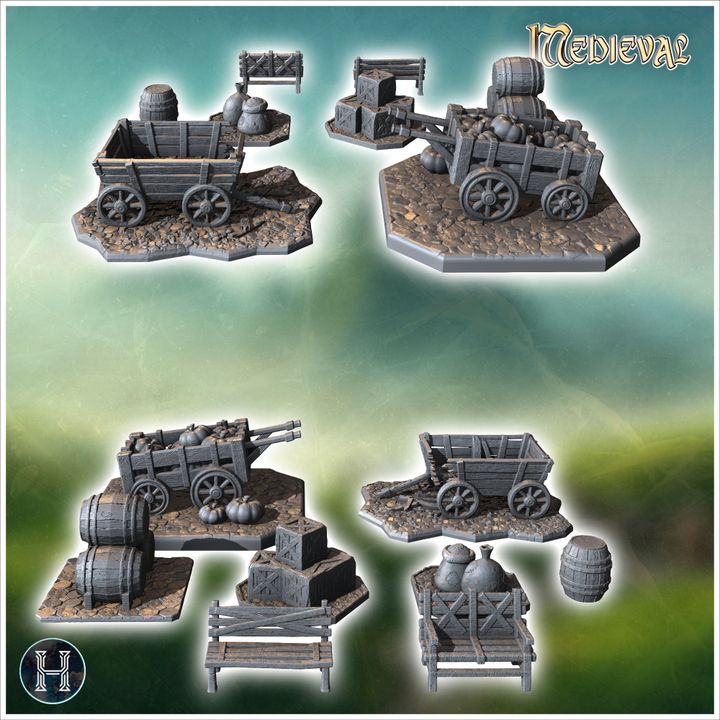 3D Printable Collection of market accessories including carts, barrels ...