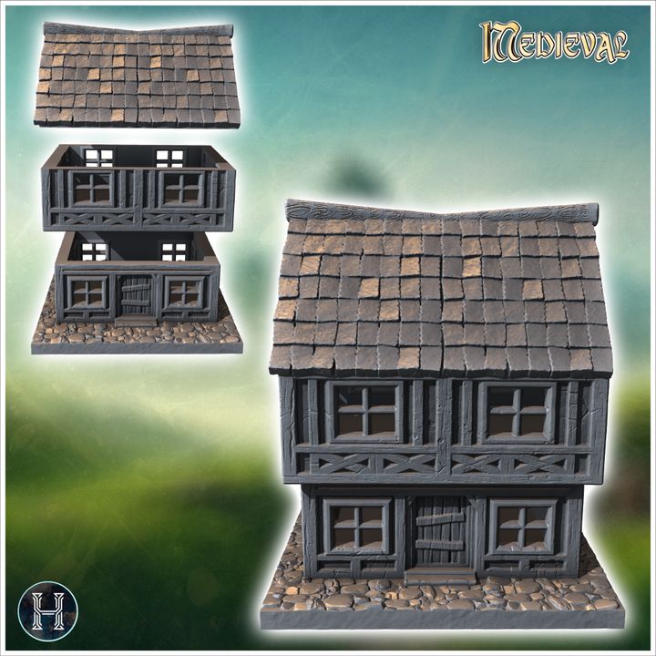 3D Printable Two-story medieval house with a steep roof, multiple ...