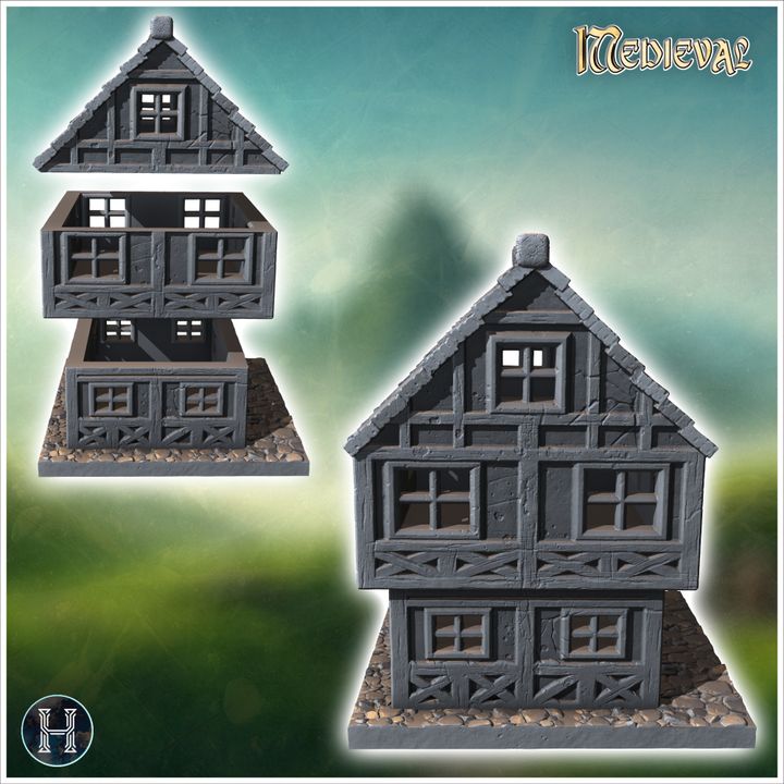 3D Printable Two-story medieval house with a steep roof, multiple ...