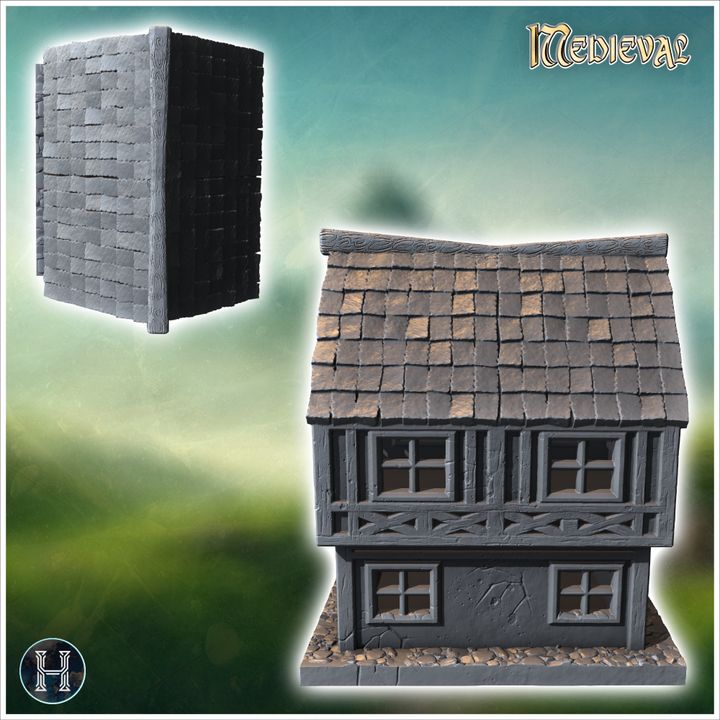 3D Printable Two-story medieval house with a steep roof, multiple ...