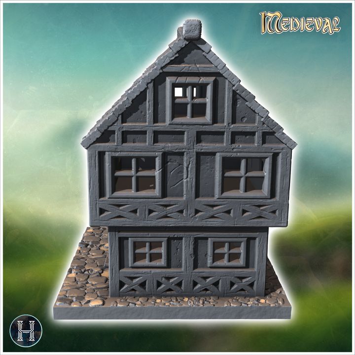 3D Printable Two-story medieval house with a steep roof, multiple ...