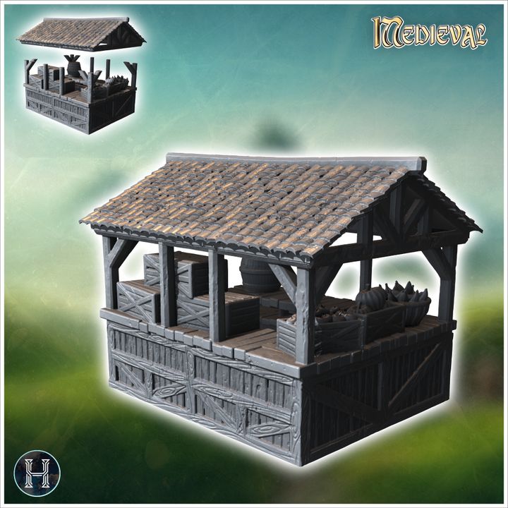 3D Printable Wooden market stall with crates and baskets under a sloped ...