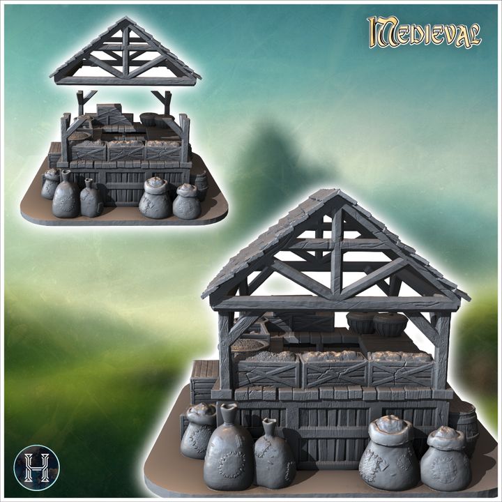 3D Printable Wooden market stall with barrels, crates, and a slanted ...