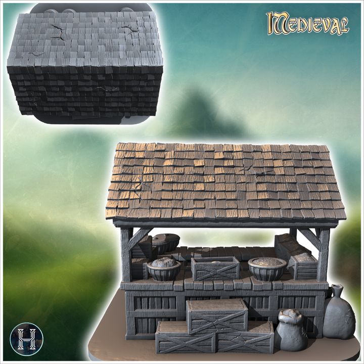 3D Printable Wooden market stall with barrels, crates, and a slanted ...