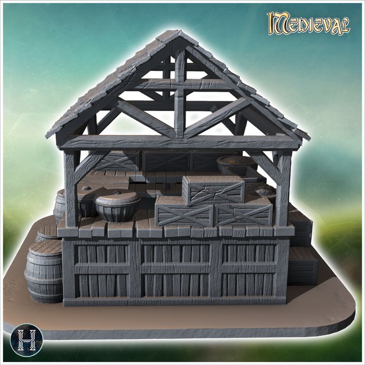 3D Printable Wooden market stall with barrels, crates, and a slanted ...