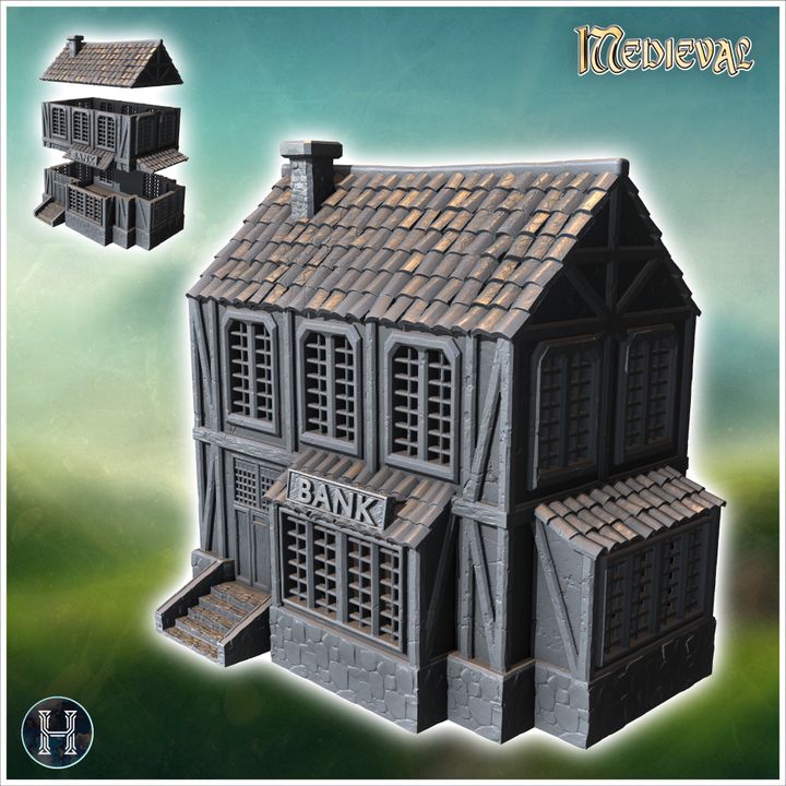 3D Printable Medieval bank building with a stone base, wooden upper ...