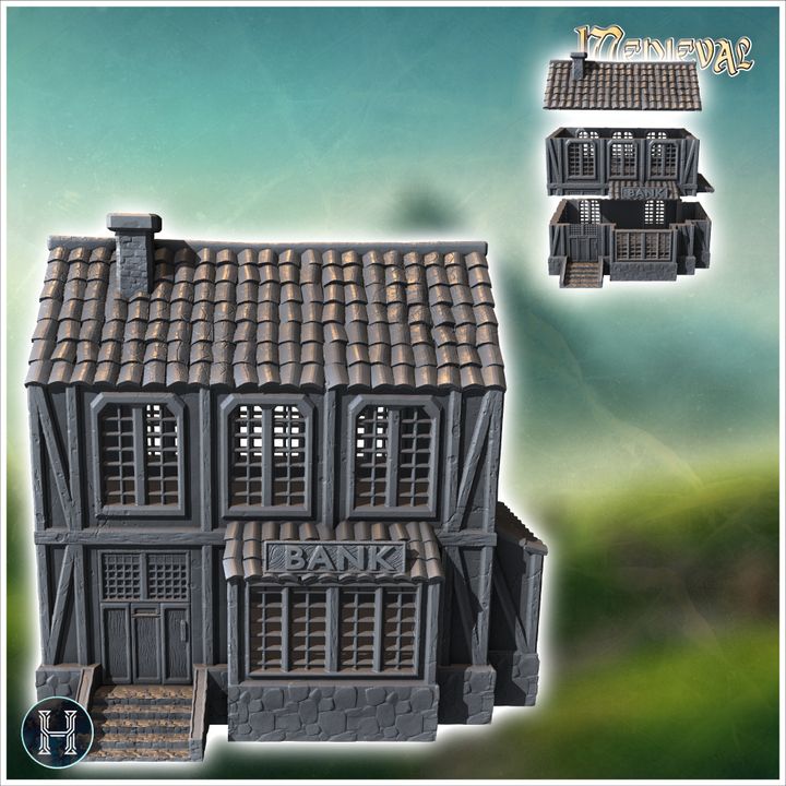 3D Printable Medieval bank building with a stone base, wooden upper ...