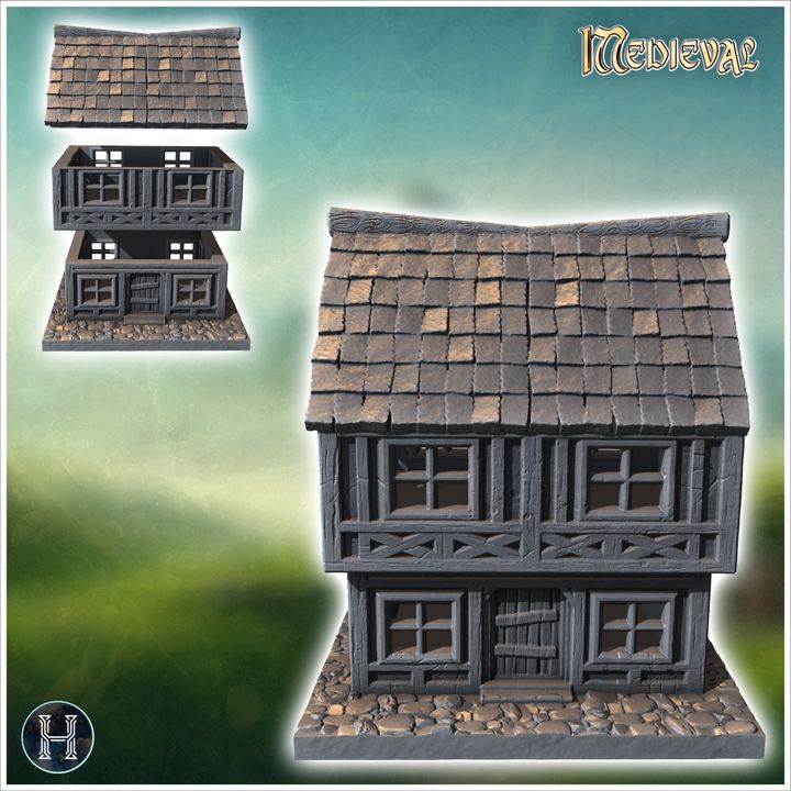 3D Printable Two-story medieval house with timber framing, small ...