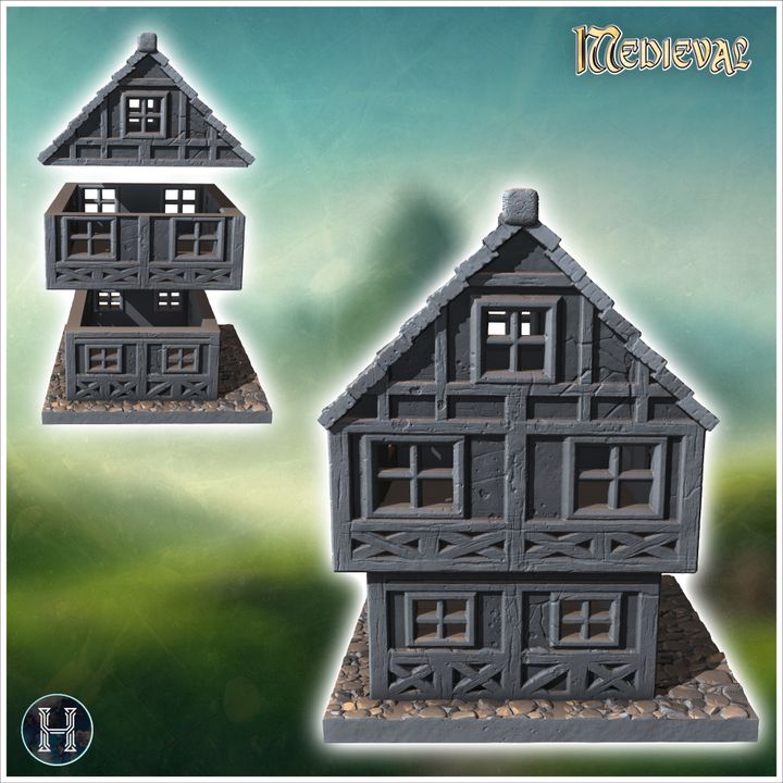3D Printable Two-story medieval house with timber framing, small ...