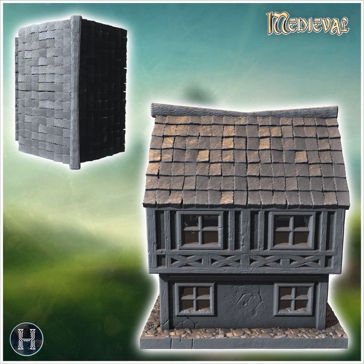 3D Printable Two-story medieval house with timber framing, small ...