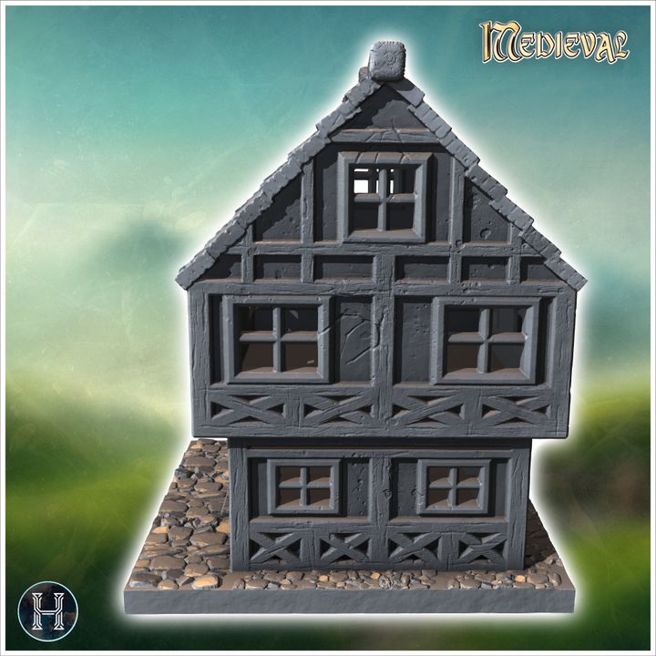 3D Printable Two-story medieval house with timber framing, small ...