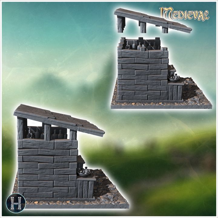 3D Printable Small open market stall with shelves of pottery, a wooden ...