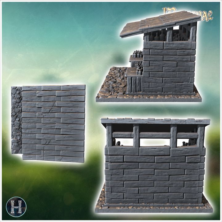 3D Printable Small open market stall with shelves of pottery, a wooden ...