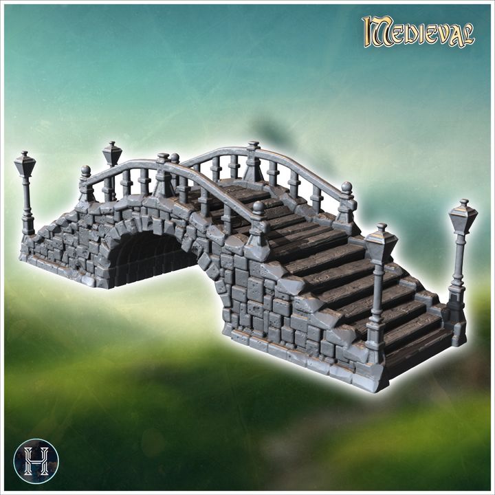 3D Printable Stone arch bridge with ornate railings and lampposts on ...