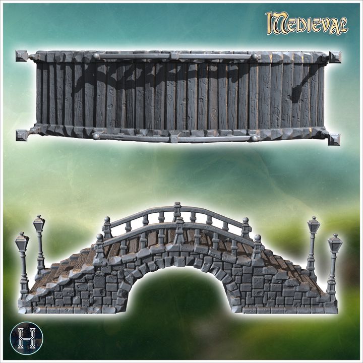 3D Printable Stone arch bridge with ornate railings and lampposts on ...