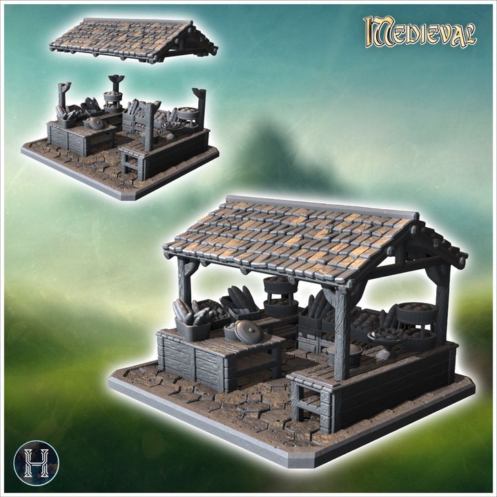 3D Printable Rustic market stall with baskets, barrels, and a tiled ...