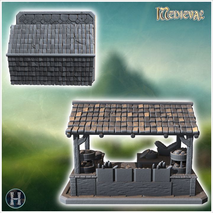 3D Printable Rustic market stall with baskets, barrels, and a tiled ...