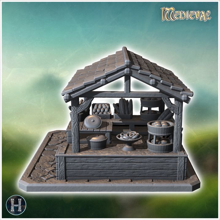 3D Printable Rustic market stall with baskets, barrels, and a tiled ...