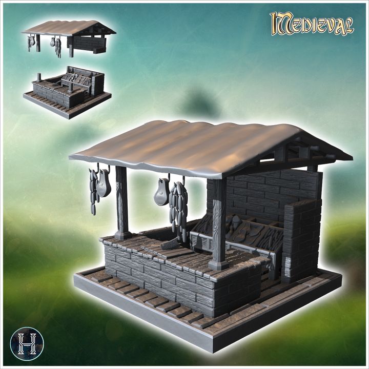 3D Printable Market stall with a tin roof, hanging meats, and display ...