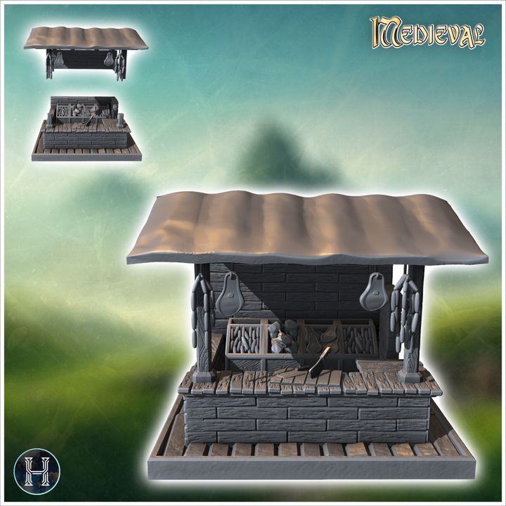 3D Printable Market stall with a tin roof, hanging meats, and display ...