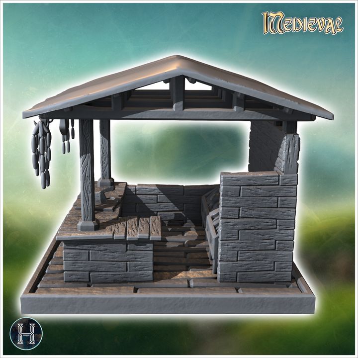 3D Printable Market stall with a tin roof, hanging meats, and display ...