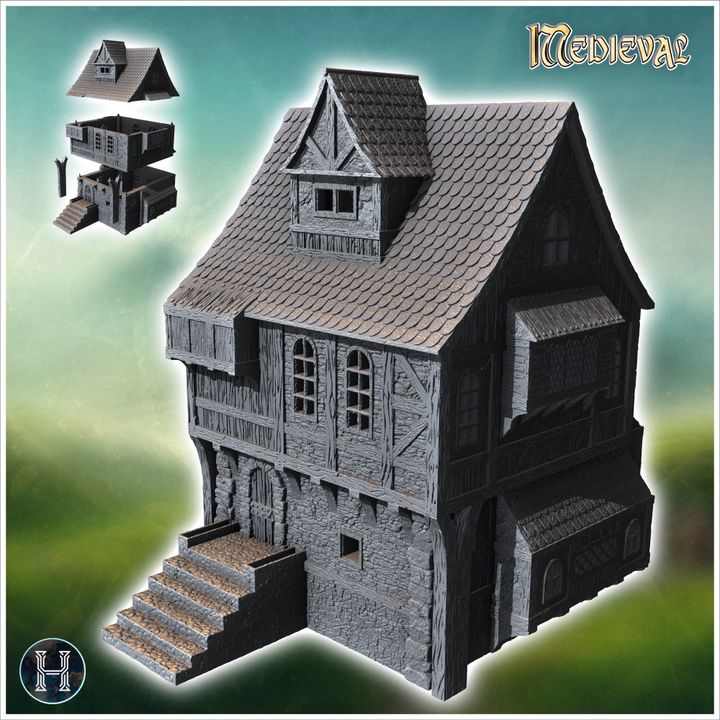 3D Printable Two-story medieval house with wooden beams, stone chimney ...