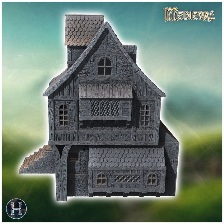 3D Printable Two-story medieval house with wooden beams, stone chimney ...