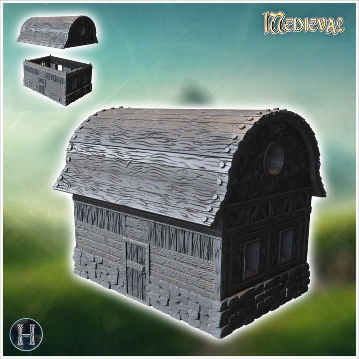 3D Printable Medieval house with a curved wooden roof, stone foundation ...