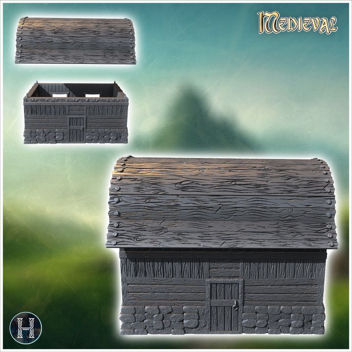 3D Printable Medieval house with a curved wooden roof, stone foundation ...