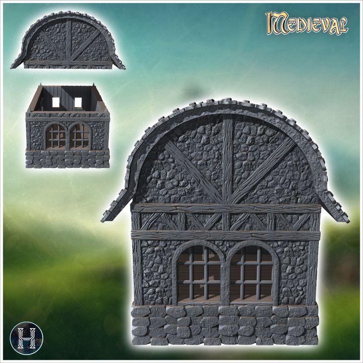 3D Printable Medieval house with a curved wooden roof, stone foundation ...