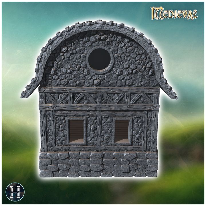 3D Printable Medieval house with a curved wooden roof, stone foundation ...