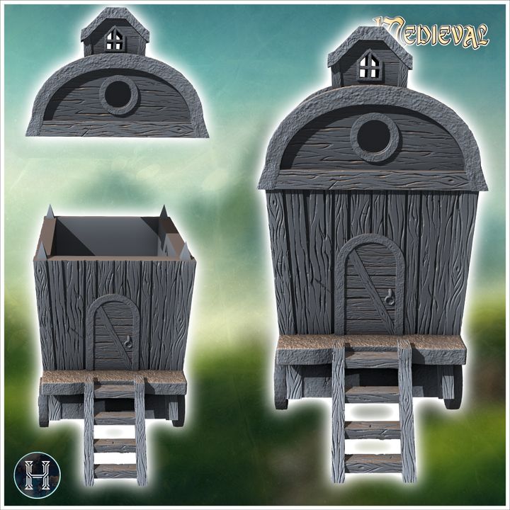 3D Printable Wooden caravan with a small rooftop window, stairs, and ...