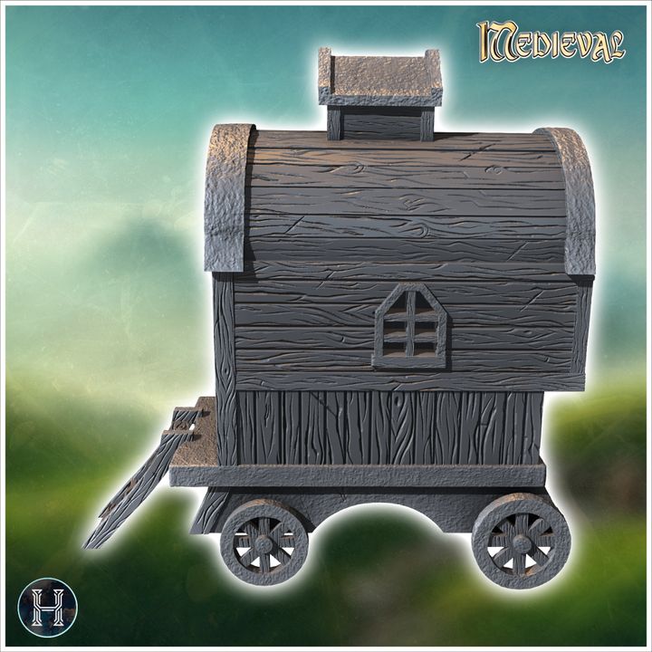 3D Printable Wooden caravan with a small rooftop window, stairs, and ...