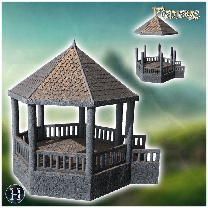 3D Printable Gazebo with a conical roof, columns, and surrounding steps ...