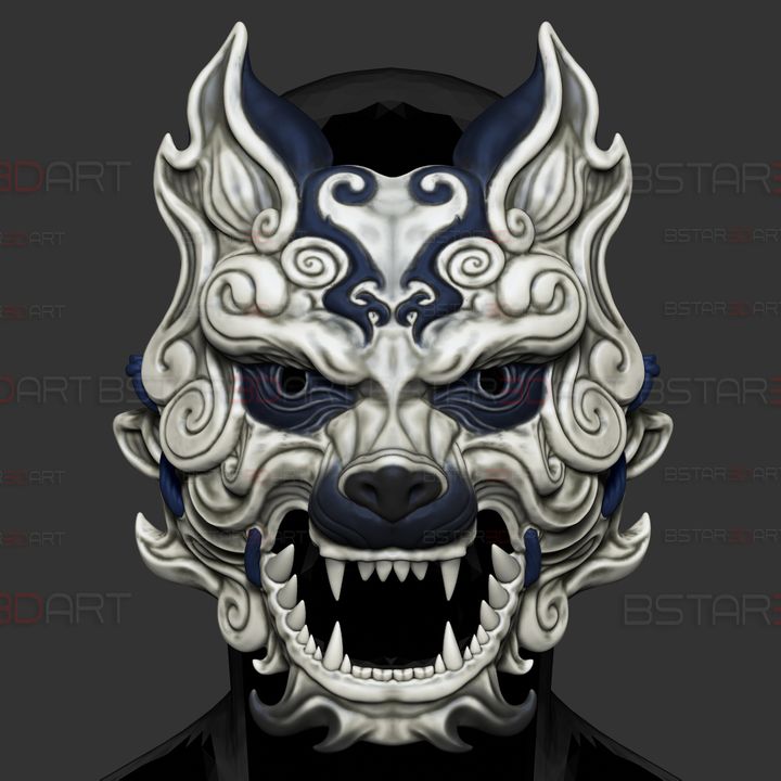 3D Printable Grey Wolf Hannya Mask - Samurai Oni Mask - Halloween ...