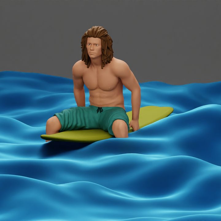 3D Printable Long-Haired Surfer Sitting on a Surfboard in Calm Ocean ...
