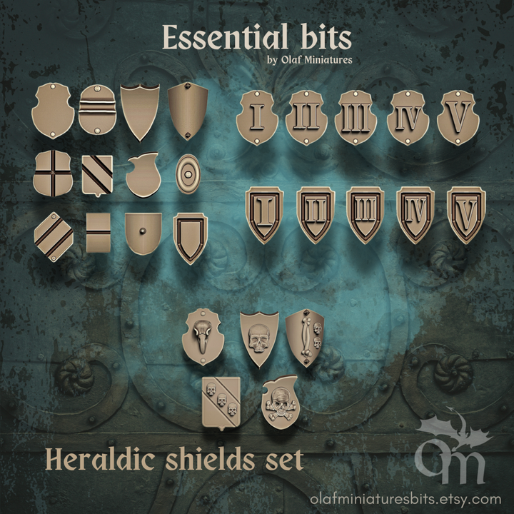 3D Printable Heraldic shields set by Olaf Miniatures Bits