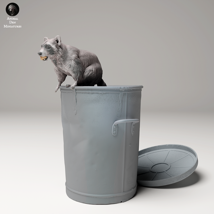 3D Printable Common Raccoon in Trash by Animal Den Miniatures