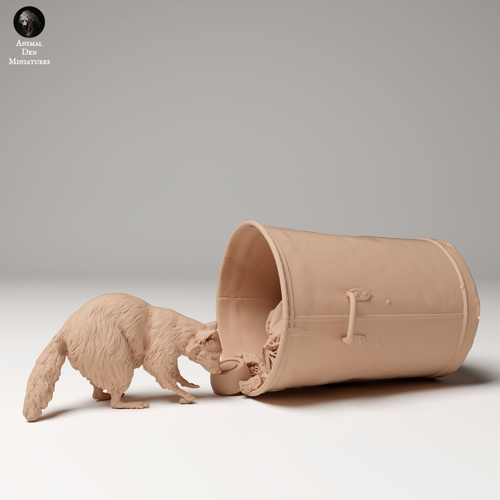 3D Printable Common Raccoon Digging Through Trash by Animal Den Miniatures
